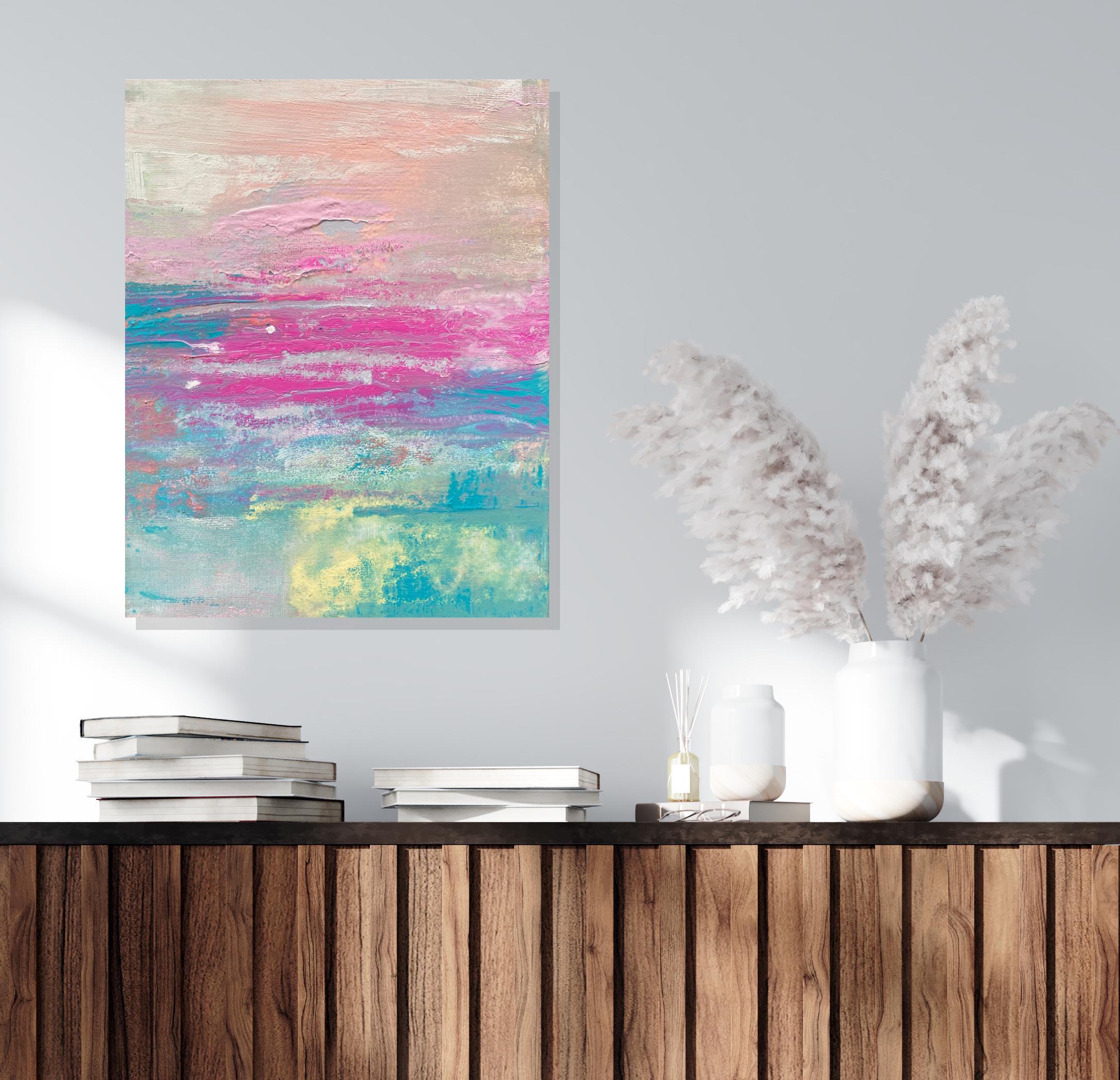 Kathleen Rhee - Summertime small original colourful abstract expressionist painting on linen For ...