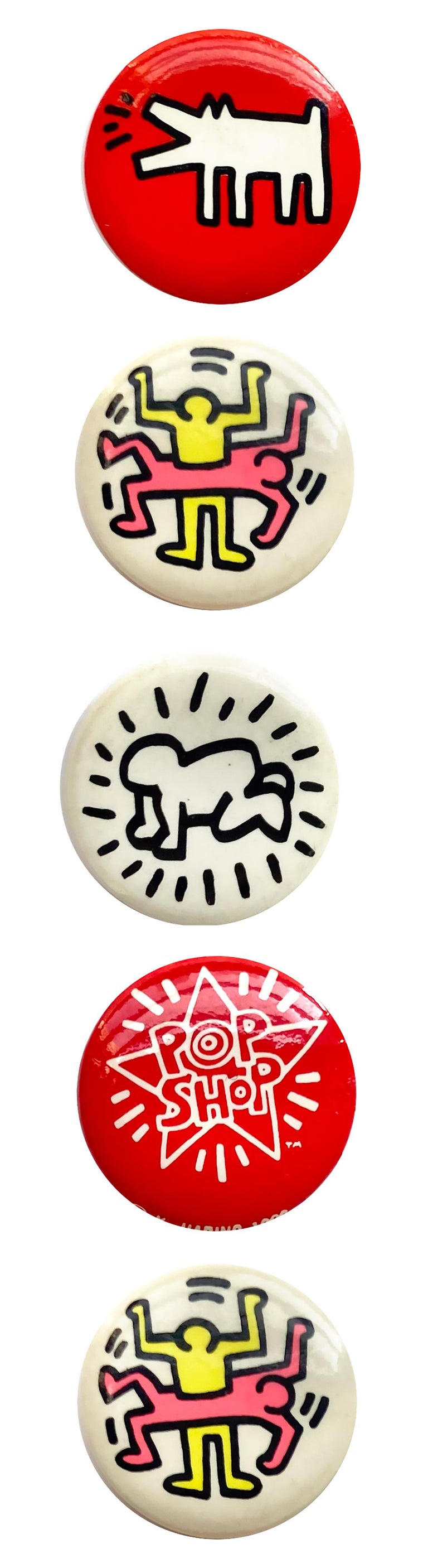 Keith Haring Pop Shop 1986 'Set of 5 Original Pins' For Sale at 1stDibs