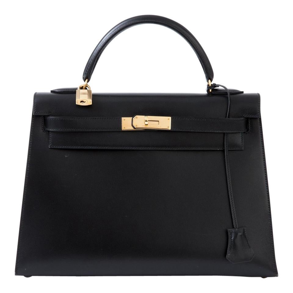 Kelly Bag 32 Black Box leather Bag For Sale at 1stDibs
