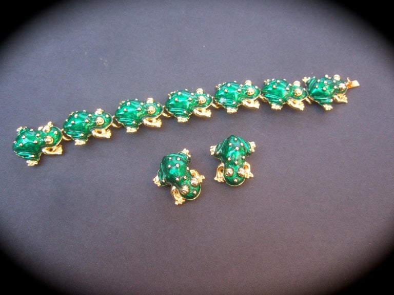 Ken Lane Green Enamel Frog Link Bracelet and Clip-On Earrings Set c ...