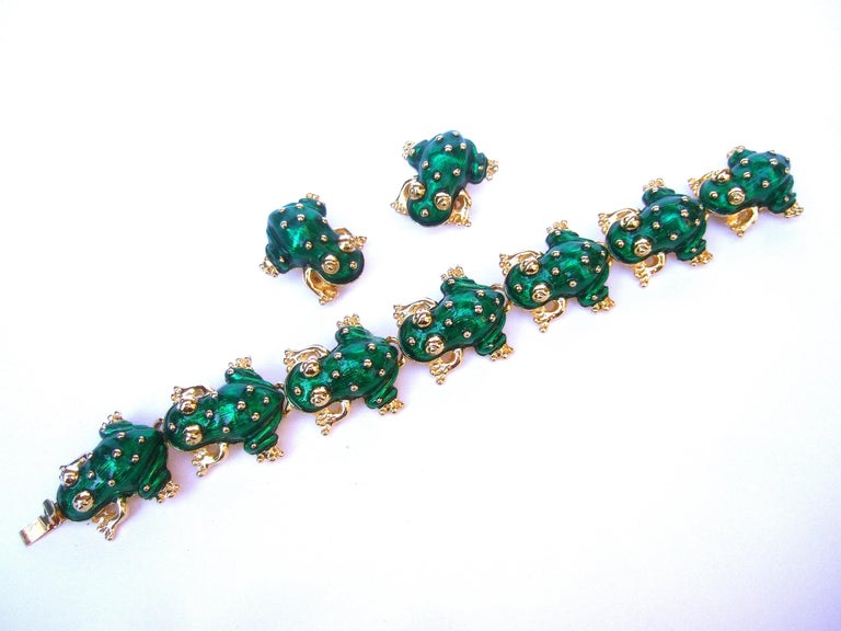 Ken Lane Green Enamel Frog Link Bracelet and Clip-On Earrings Set c ...