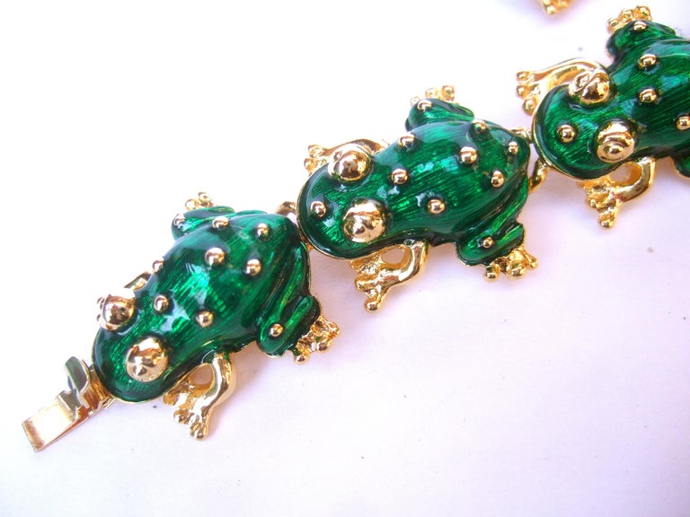 Ken Lane Green Enamel Frog Link Bracelet and Clip-On Earrings Set c ...