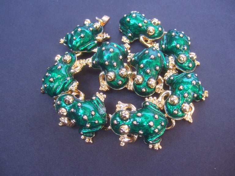 Ken Lane Green Enamel Frog Link Bracelet and Clip-On Earrings Set c ...