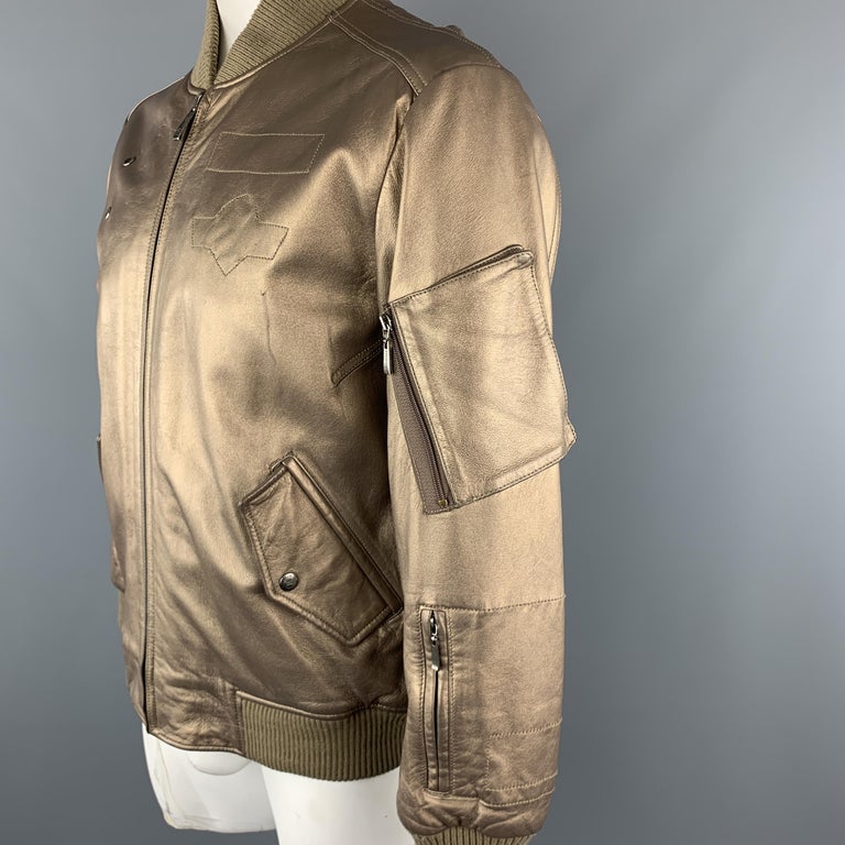 KENNETH COLE 42 Gold Metallic Leather Zip Up Vintage Bomber Style ...