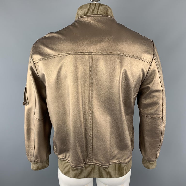 KENNETH COLE 42 Gold Metallic Leather Zip Up Vintage Bomber Style ...