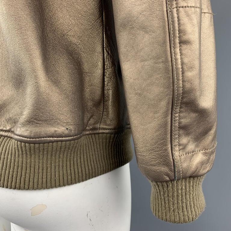 KENNETH COLE 42 Gold Metallic Leather Zip Up Vintage Bomber Style ...