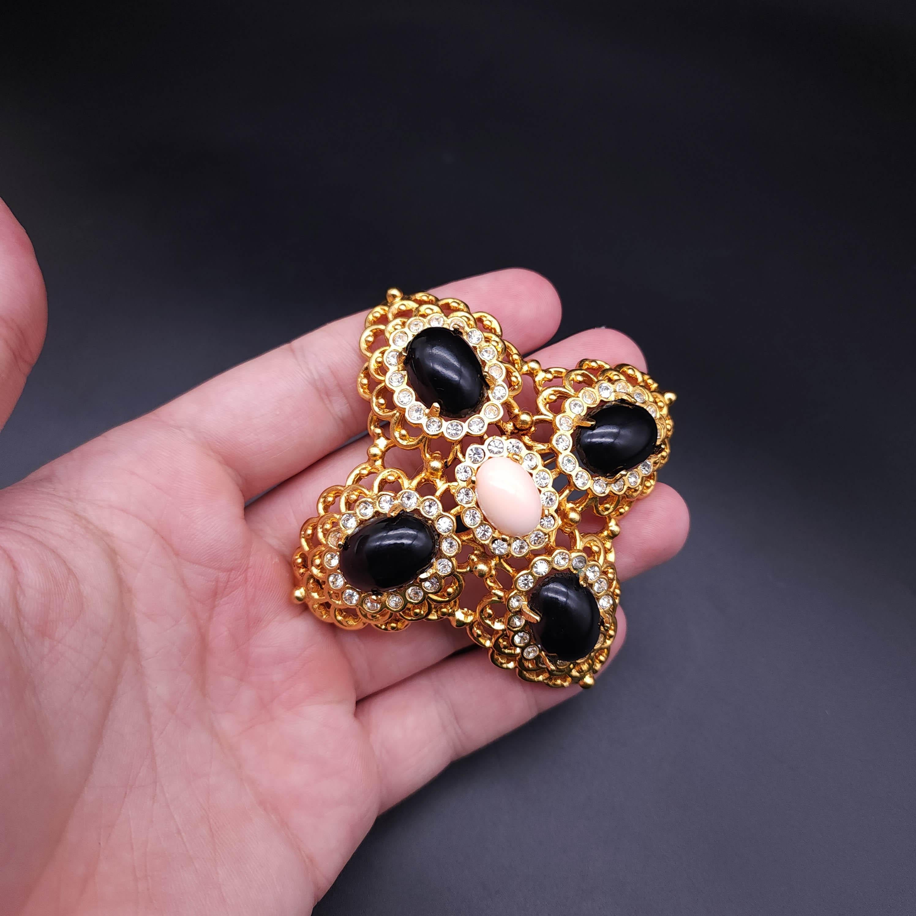Kenneth Jay Lane Cabochon Cross Pin Brooch, Black and Pink, Gold Finish ...
