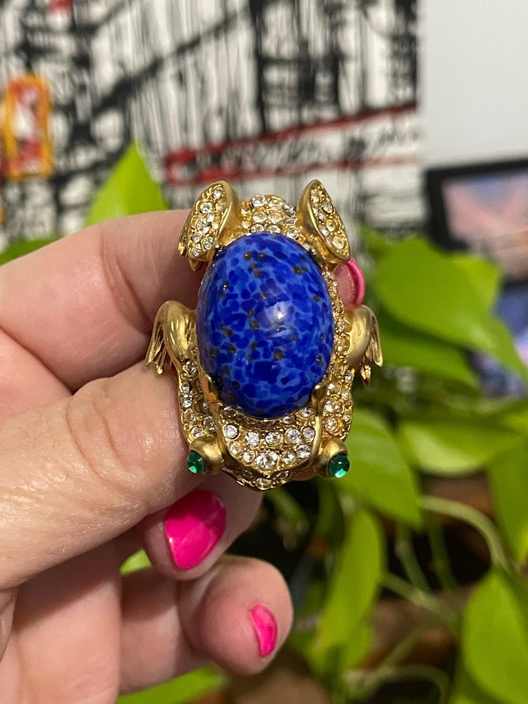 Kenneth Jay Lane FROG Brooch Gold Gilt Lapis Blue Cabochon For Sale at ...
