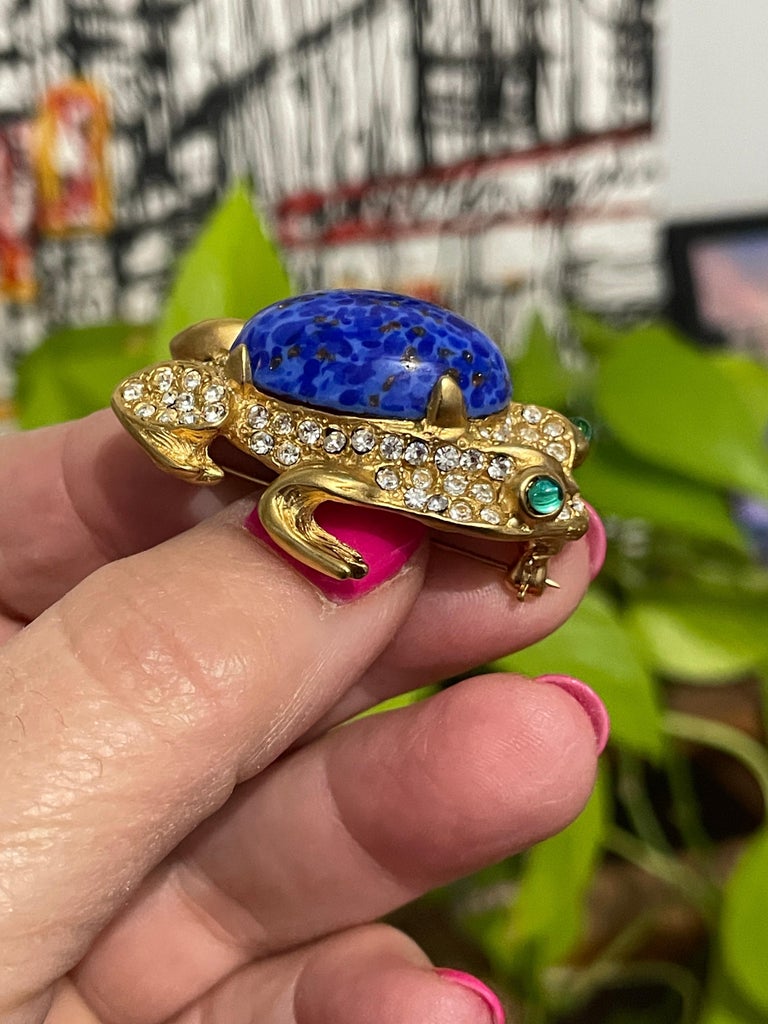 Kenneth Jay Lane FROG Brooch Gold Gilt Lapis Blue Cabochon For Sale at ...