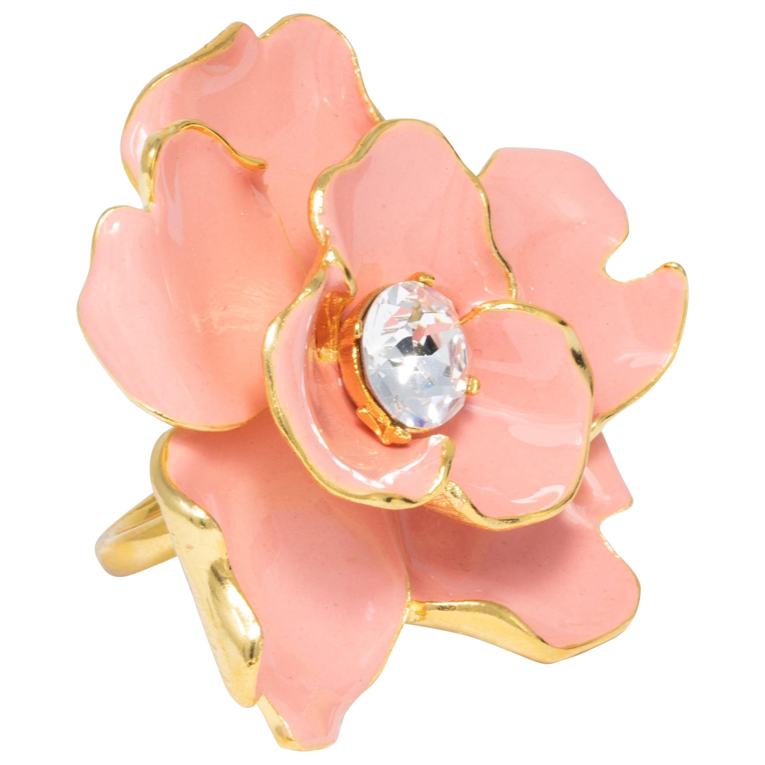 Kenneth Jay Lane Gold Flower Crystal Cocktail Ring, Salmon Coral Enamel ...