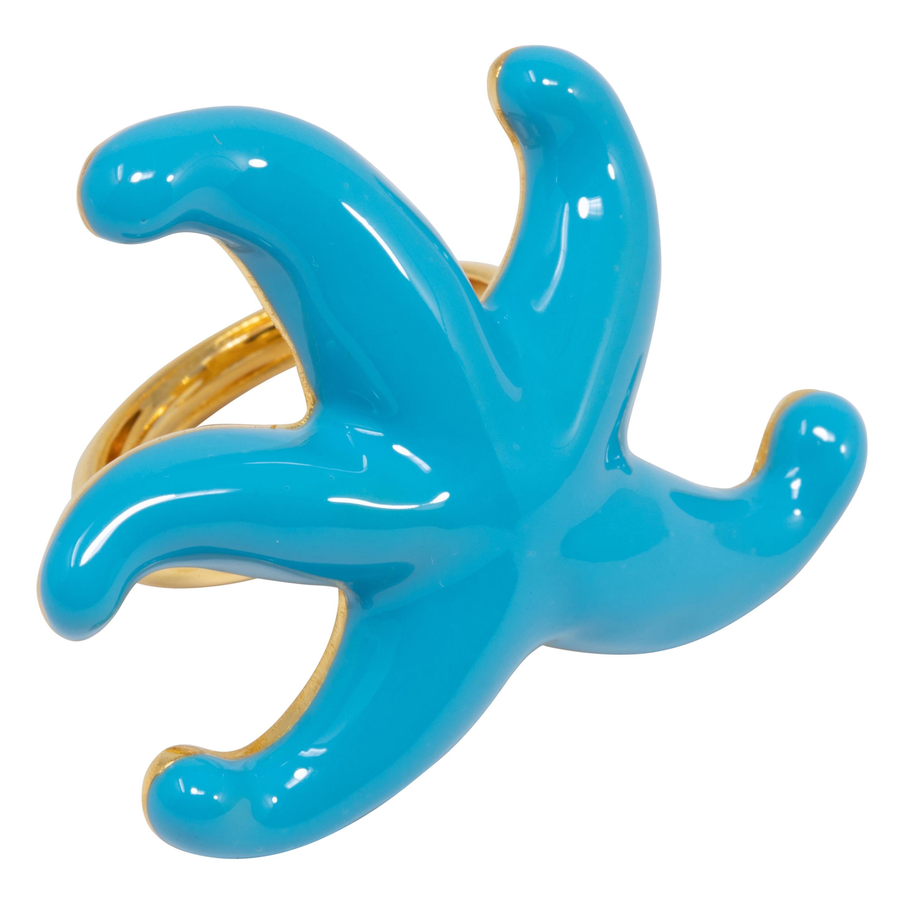 Kenneth Jay Lane Gold Turquoise Enamel Starfish Cocktail Ring, KJL at ...