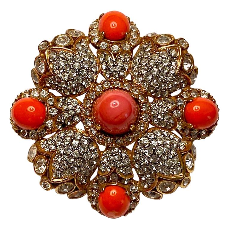 Kenneth Jay Lane K.J.L. 1960s Coral and Rhinestone Medallion Brooch at ...