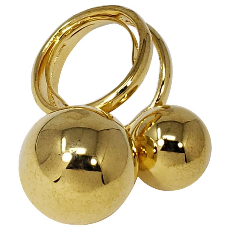 Kenneth Jay Lane KJL Gold Chucky Ball Double Cocktail Statement Ring at ...