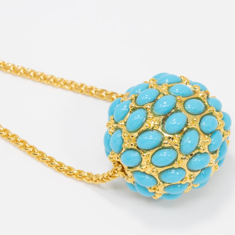 Kenneth Jay Lane Pave Turquoise Cabochon Ball Pendant Golden Chain ...