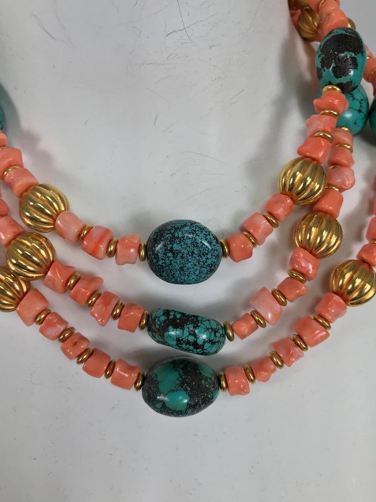 Kenneth Lane Faux Coral and Turquoise Triple Strand Necklace For Sale ...