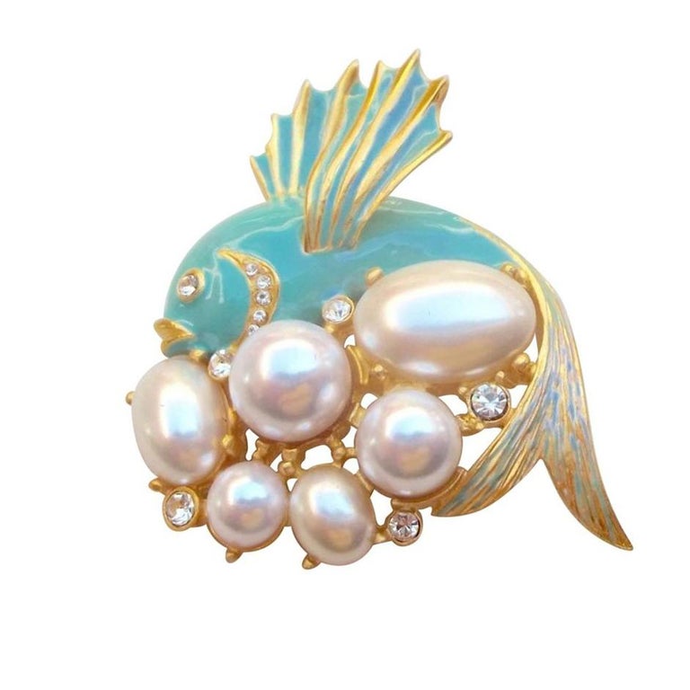 Kenneth Lane KJL Pearl Enamel Fish Statement Brooch Pin at 1stDibs