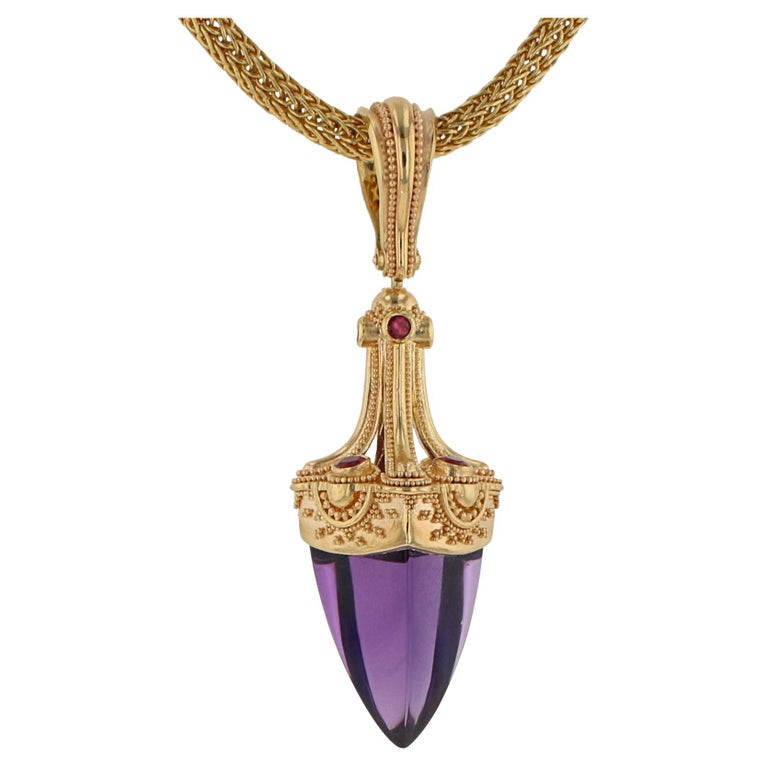Kent Raible 18 Karat Gold Amethyst and Spinel Pendulum Drop Pendant ...