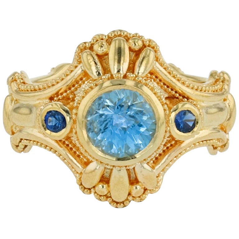 Kent Raible 18 karat Gold Aquamarine Blue Sapphire Three-Stone Ring ...
