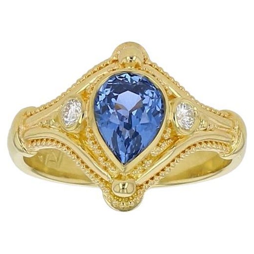 Kent Raible 18 karat Gold three stone Blue Sapphire Ring with Fine ...