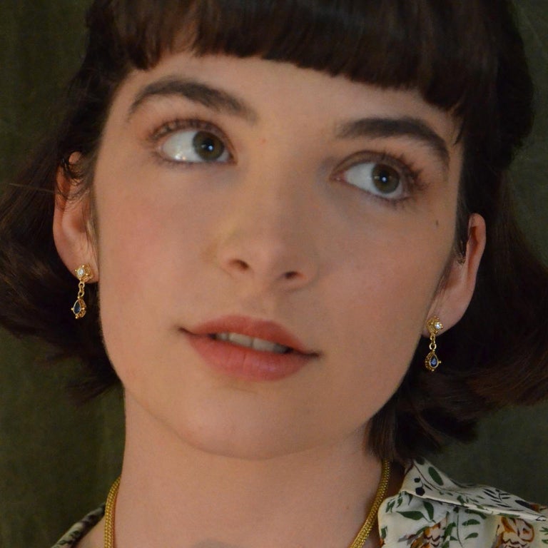 Kent Raible 18 Karat Gold, Diamond, Blue Sapphire Drop Earrings with ...