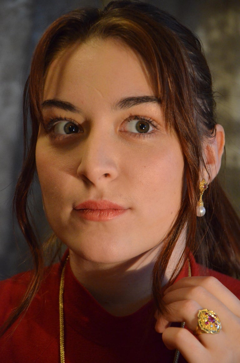 Kent Raible 18 Karat Gold Pink Sapphire and Pearl Drop Earrings with ...