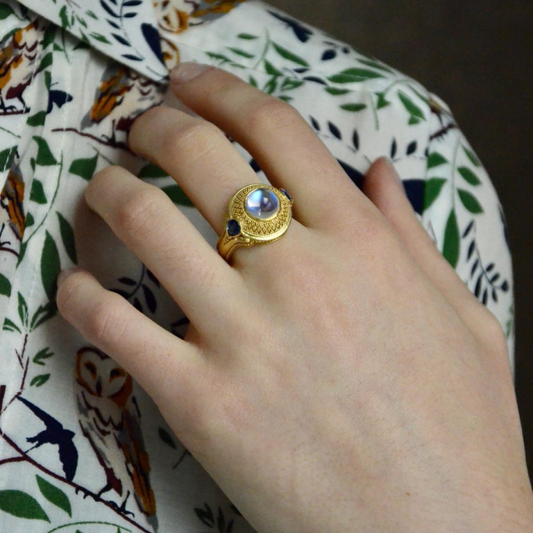 Kent Raible 18 Karat Gold Rainbow Moonstone and Blue Sapphire Dome Ring ...