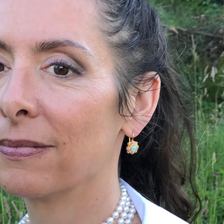 Kent Raible 18 Karat Gold Opal and Pink Sapphire Drop Earrings with ...