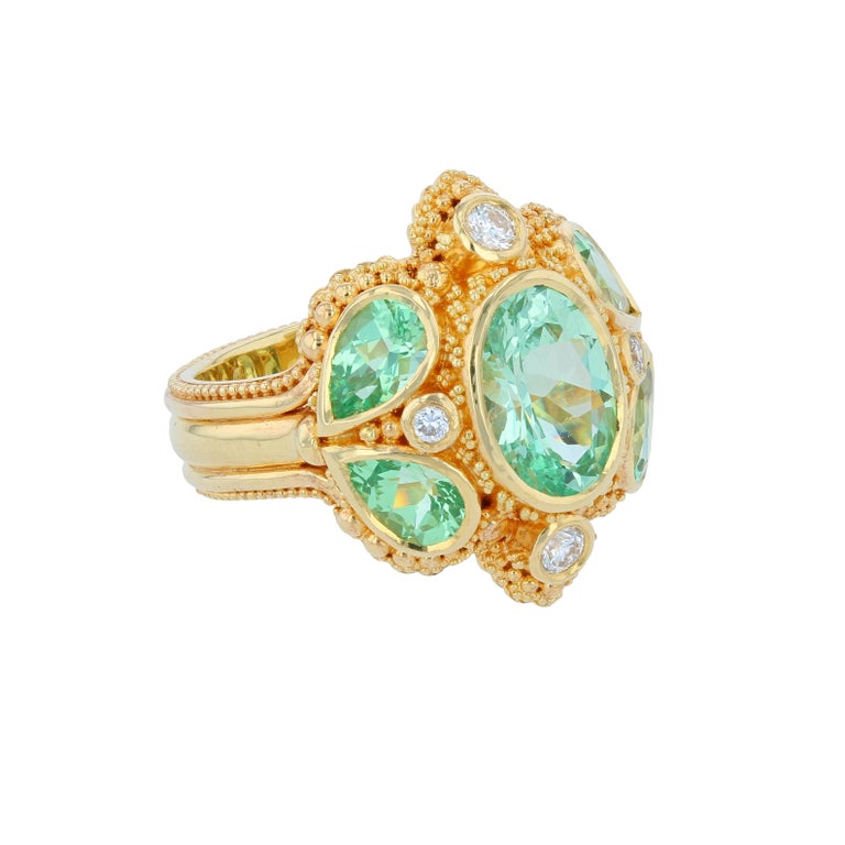 Kent Raible Green Garnet Cocktail Ring with Diamonds, 18 Karat Gold ...