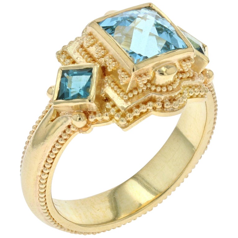 Kent Raible Rose Cut Square Aquamarine Cocktail Ring with 18 Karat ...