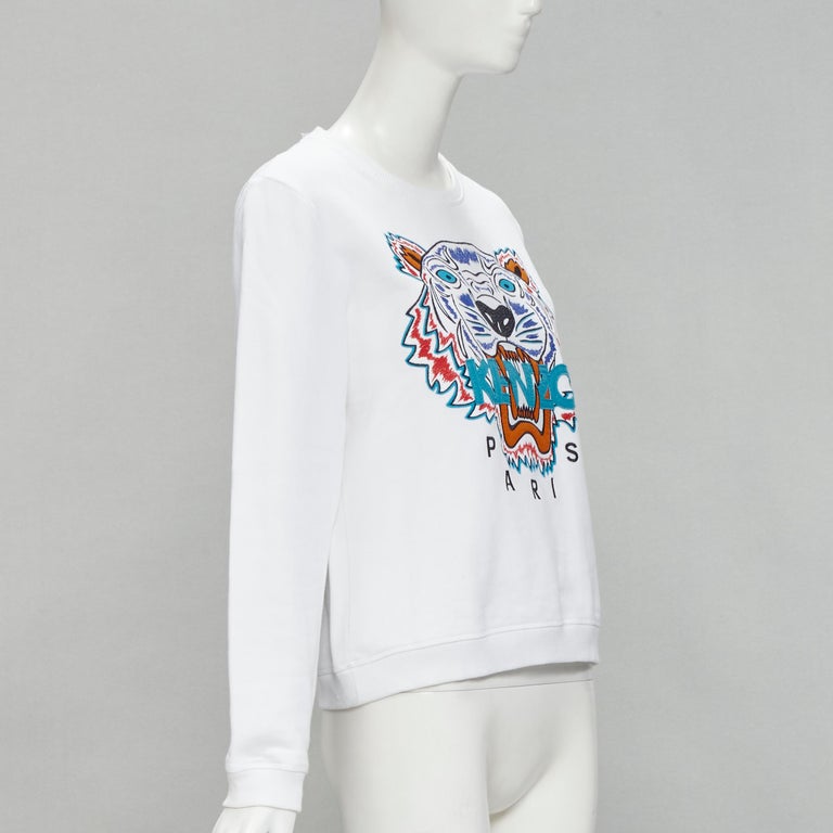 KENZO JUNGLE white cotton blue Tiger embroidery pullover sweatshirt L For Sale at 1stDibs