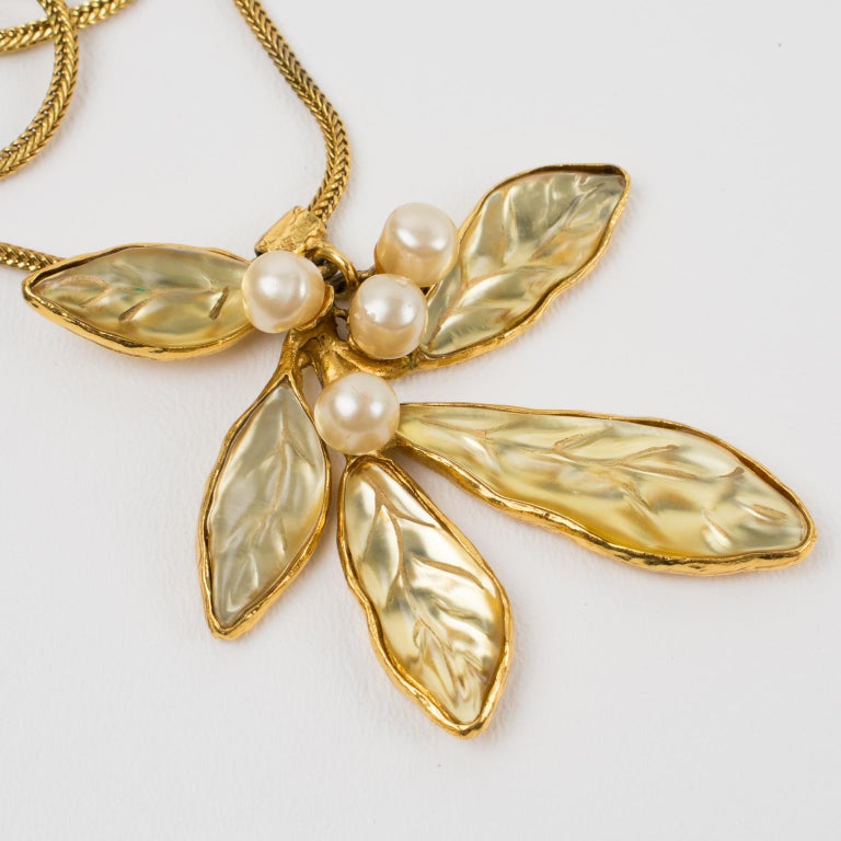 Kenzo Paris Gilt Metal Mistletoe Flower Necklace with Yellow Resin ...