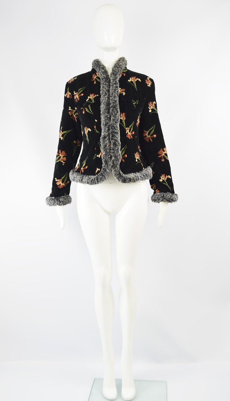 Kenzo Vintage Black Velvet and Faux Fur Floral Print Short Afghan Coat ...