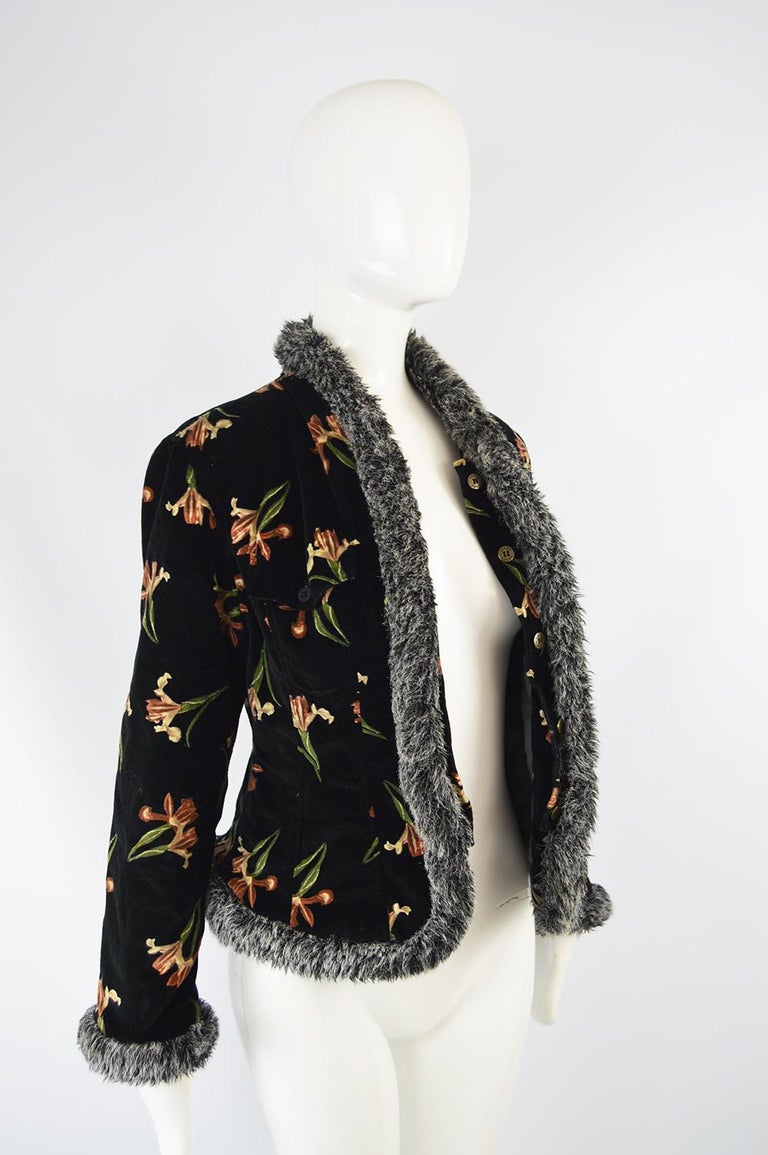 Kenzo Vintage Black Velvet and Faux Fur Floral Print Short Afghan Coat ...