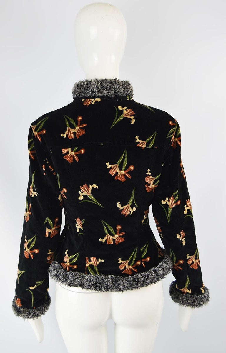 Kenzo Vintage Black Velvet and Faux Fur Floral Print Short Afghan Coat ...