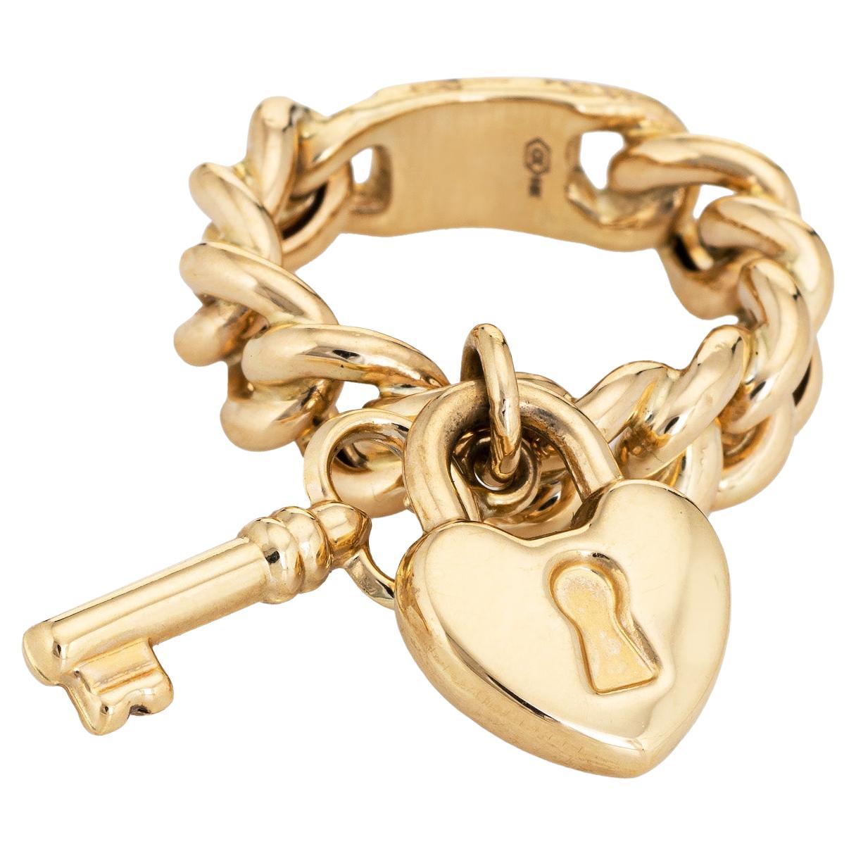 Key Heart Charm Ring Vintage 14k Yellow Gold Curb Link Band Fine ...