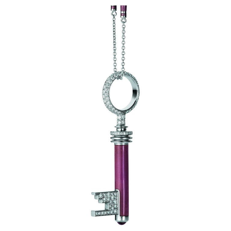 Key Pendant 18k White Gold Pink Enamel 162 Diamonds total 1.90 ct ...