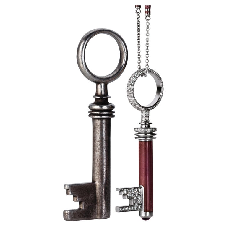 Key Pendant Necklace 18k White Gold Pink Enamel 162 Diamonds 1.90ct ...