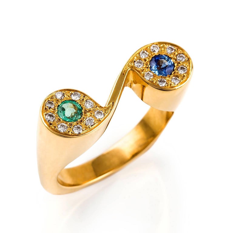 Kian Design Emerald, Sapphire and Diamond Cocktail Ring in 18 Carat ...