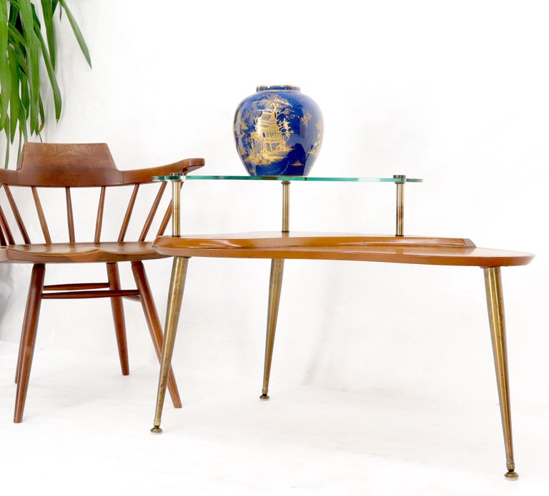 Kidney Comma Shape Two Tier Glass Walnut and Brass Conical Leg Coffee ...