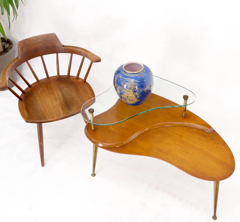 Kidney Comma Shape Two Tier Glass Walnut and Brass Conical Leg Coffee ...