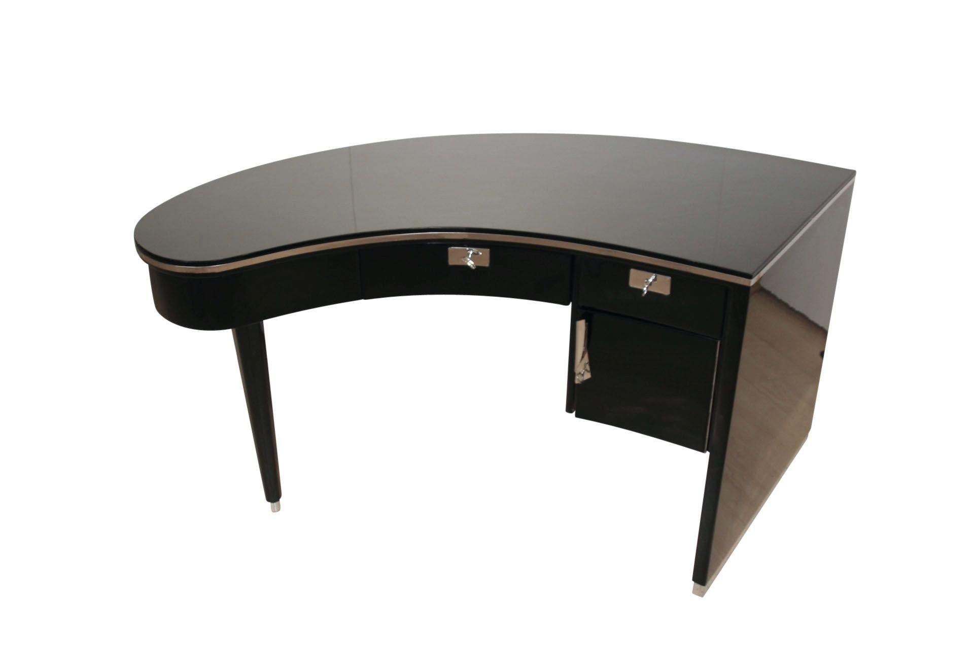 Curved Art Deco Style Desk, Black Lacquer, Polished Metal, France, 1940 ...