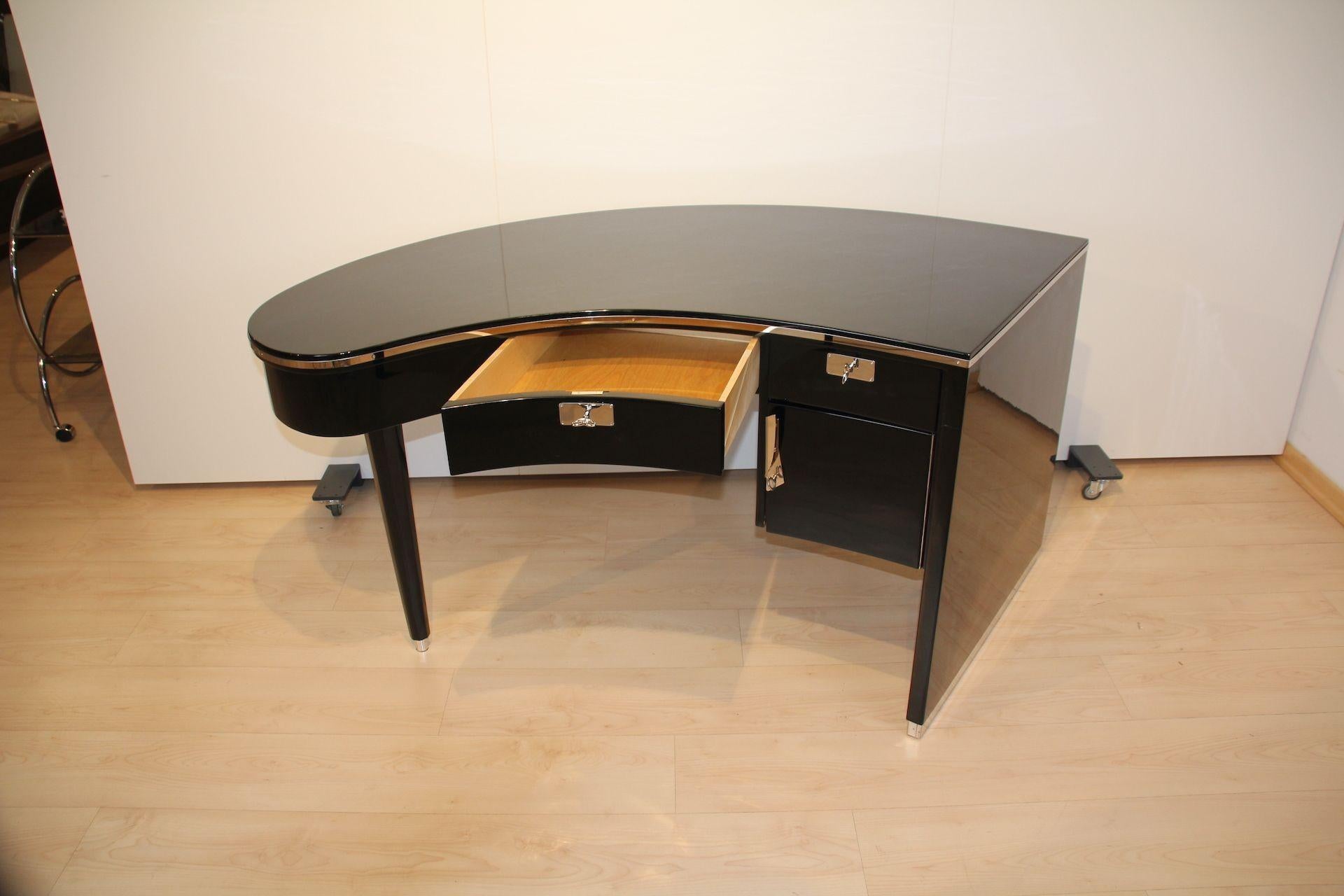 Curved Art Deco Style Desk, Black Lacquer, Polished Metal, France, 1940 ...
