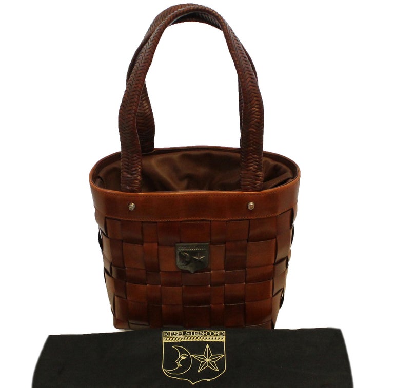 Kieselstein-Cord Brown Leather Band Woven Bag W/ Drawstring Insert ...