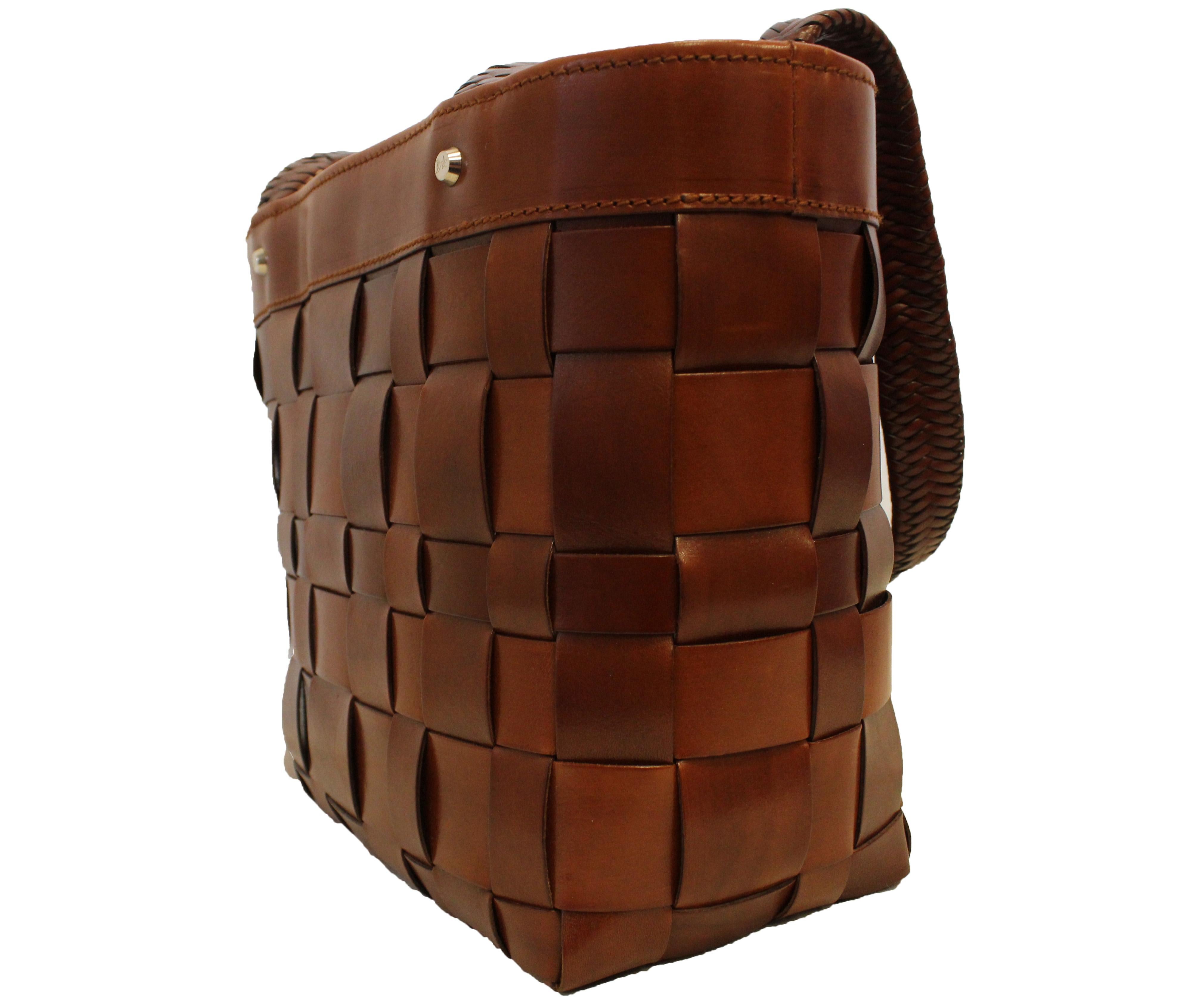 Kieselstein-Cord Brown Leather Band Woven Bag W/ Drawstring Insert ...