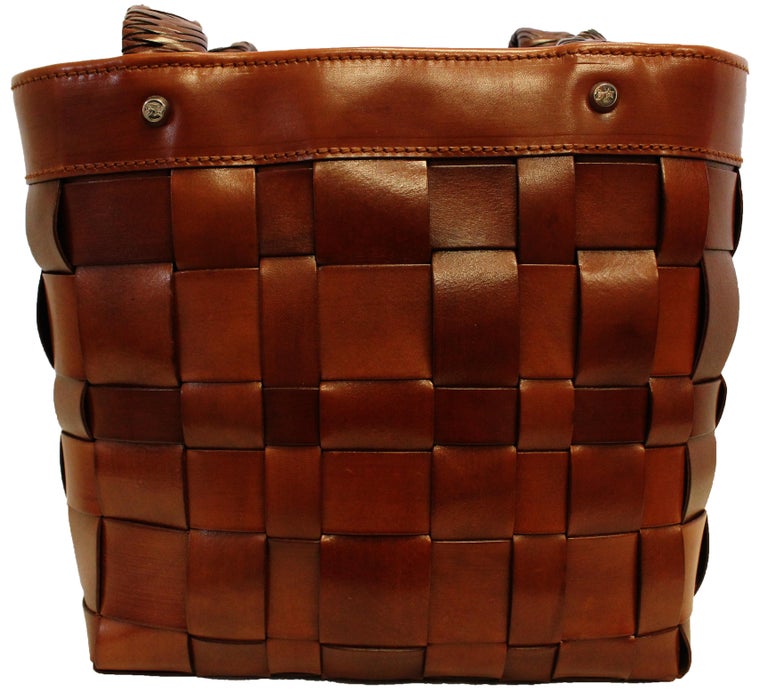 Kieselstein-Cord Brown Leather Band Woven Bag W/ Drawstring Insert ...