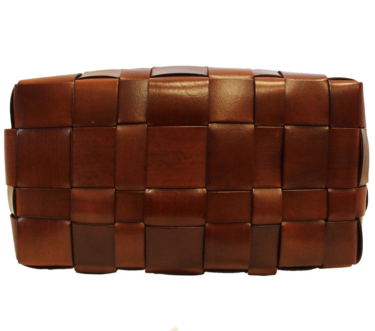 Kieselstein-Cord Brown Leather Band Woven Bag W/ Drawstring Insert ...