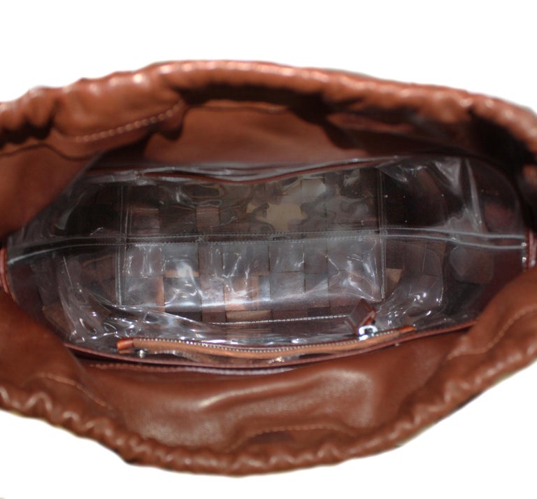 Kieselstein-Cord Brown Leather Band Woven Bag W/ Drawstring Insert ...