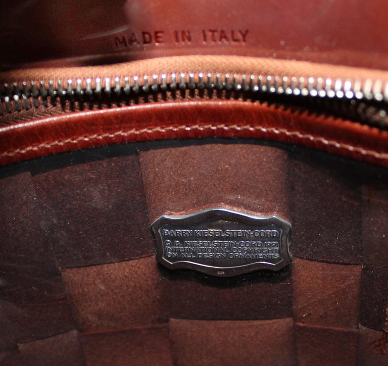 Kieselstein-Cord Brown Leather Band Woven Bag W/ Drawstring Insert ...