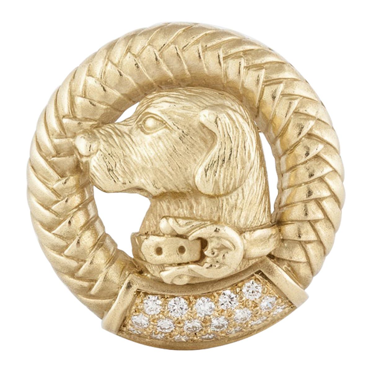 Yellow and white gold, blue sapphire and diamond dog pin For Sale at ...