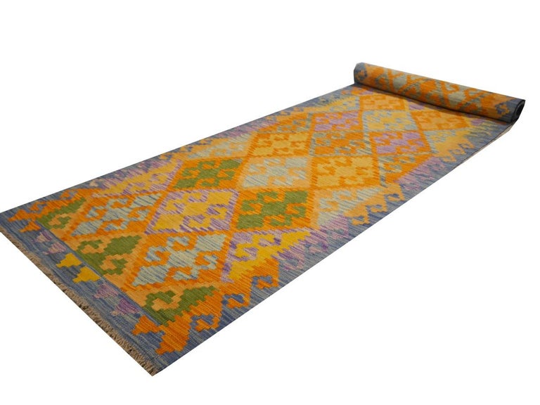 Kilim Rug Hallway Runner Wool Hand-Woven Blue Green Orange Lilac ...